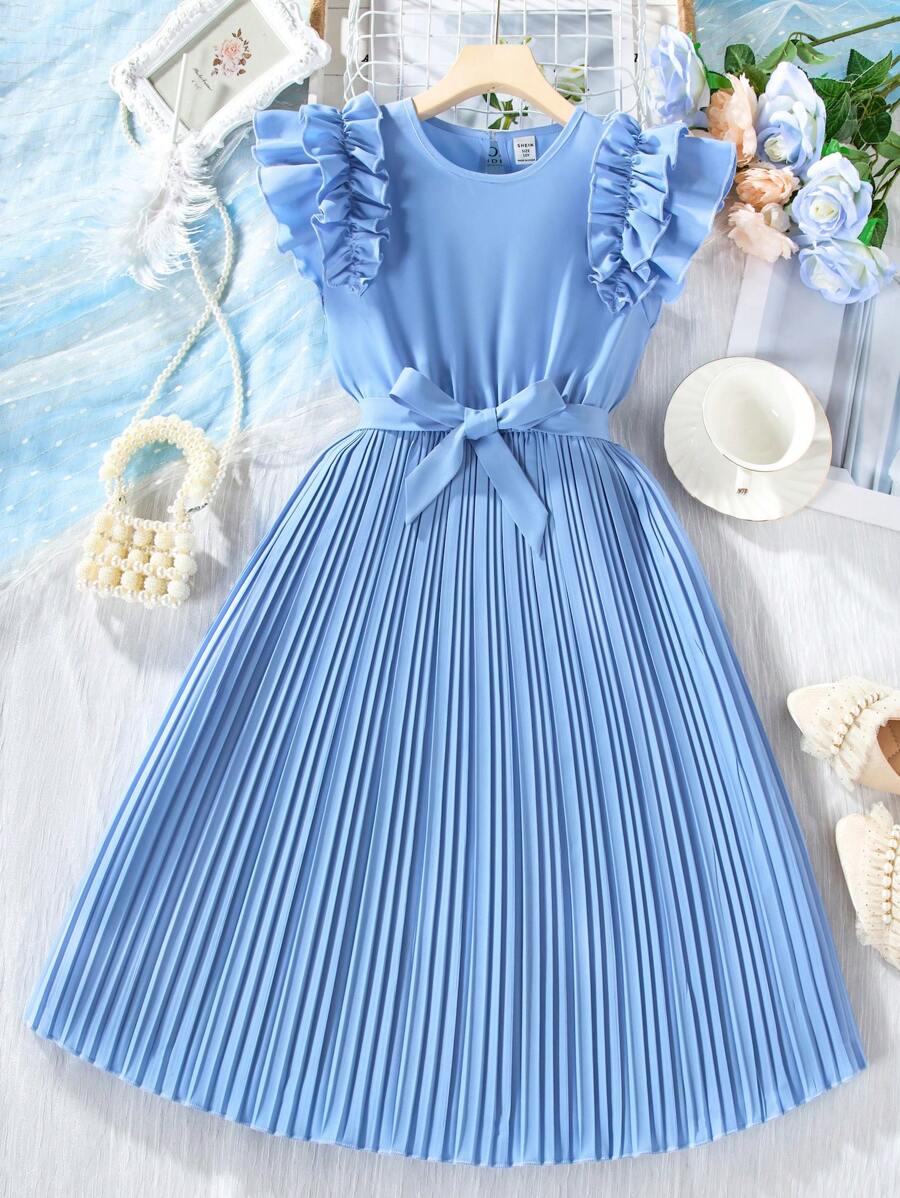 SHEIN Tween Girls' Double Layer Ruffle Sleeve And Pleated Hem Swing ...