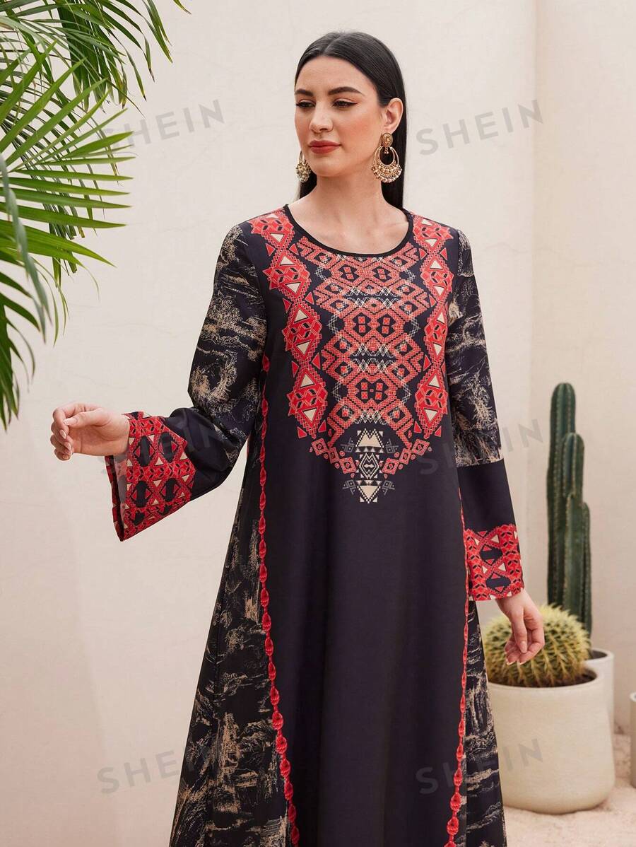 SHEIN Najma Women's Arabic Style Geometric Printed A-Line Jalabiya ...