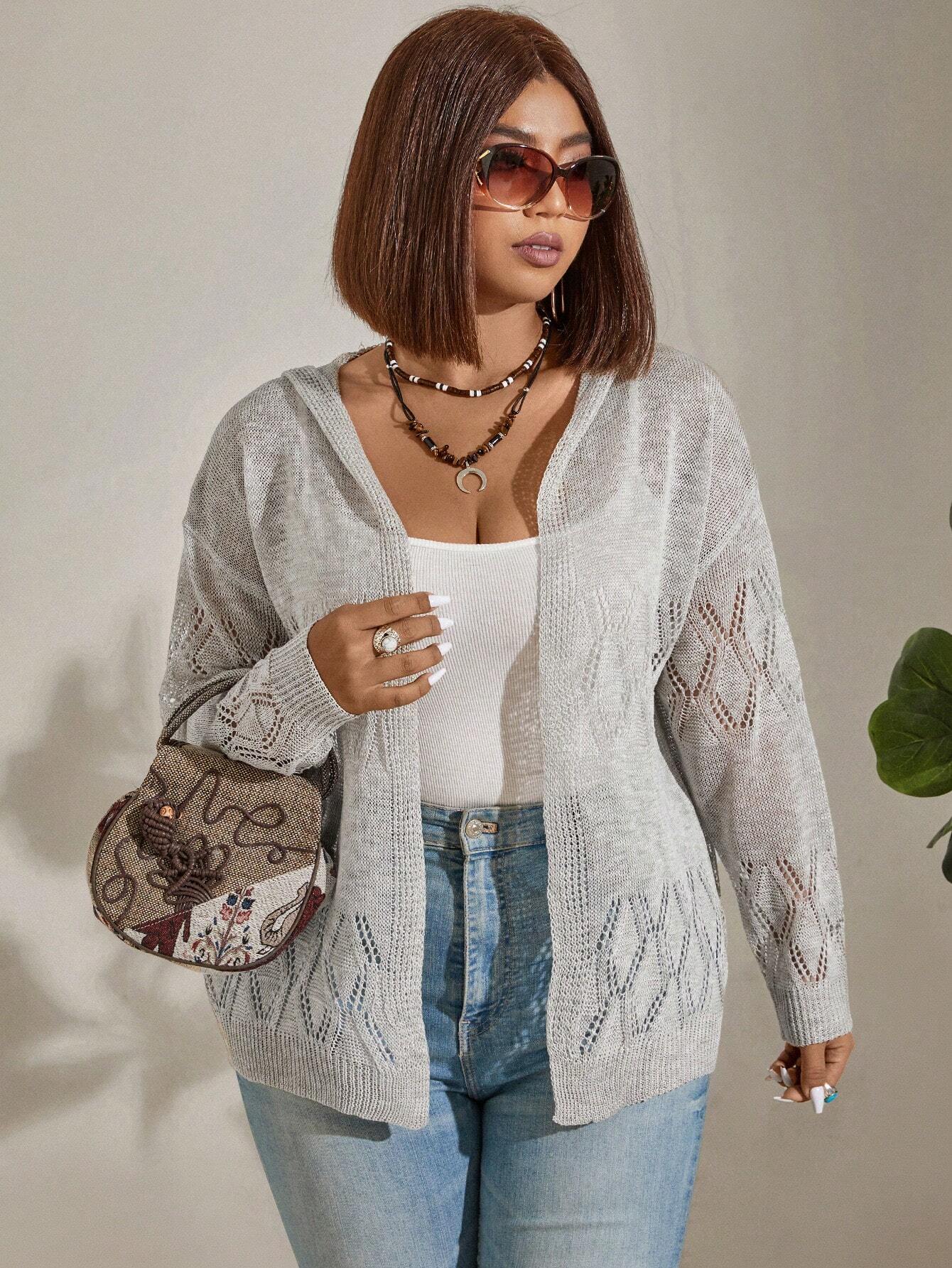 Plus Size Women's Hollow Out Open Front Cardigan With Split Hem | SHEIN USA