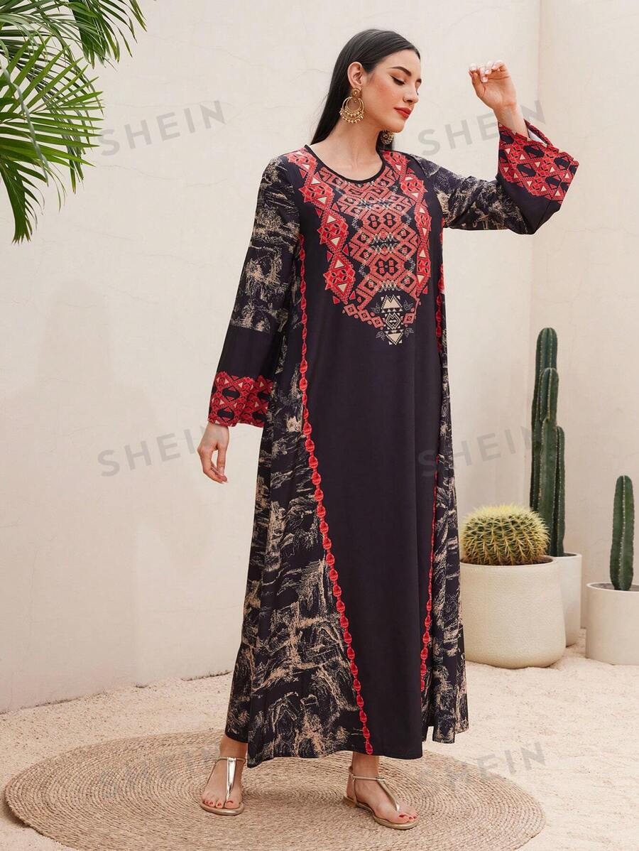 SHEIN Najma Women's Arabic Style Geometric Printed A-Line Jalabiya ...