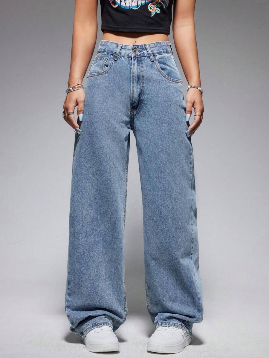 SHEIN EZwear Women's Light Blue Loose Fit Denim Pants | SHEIN USA