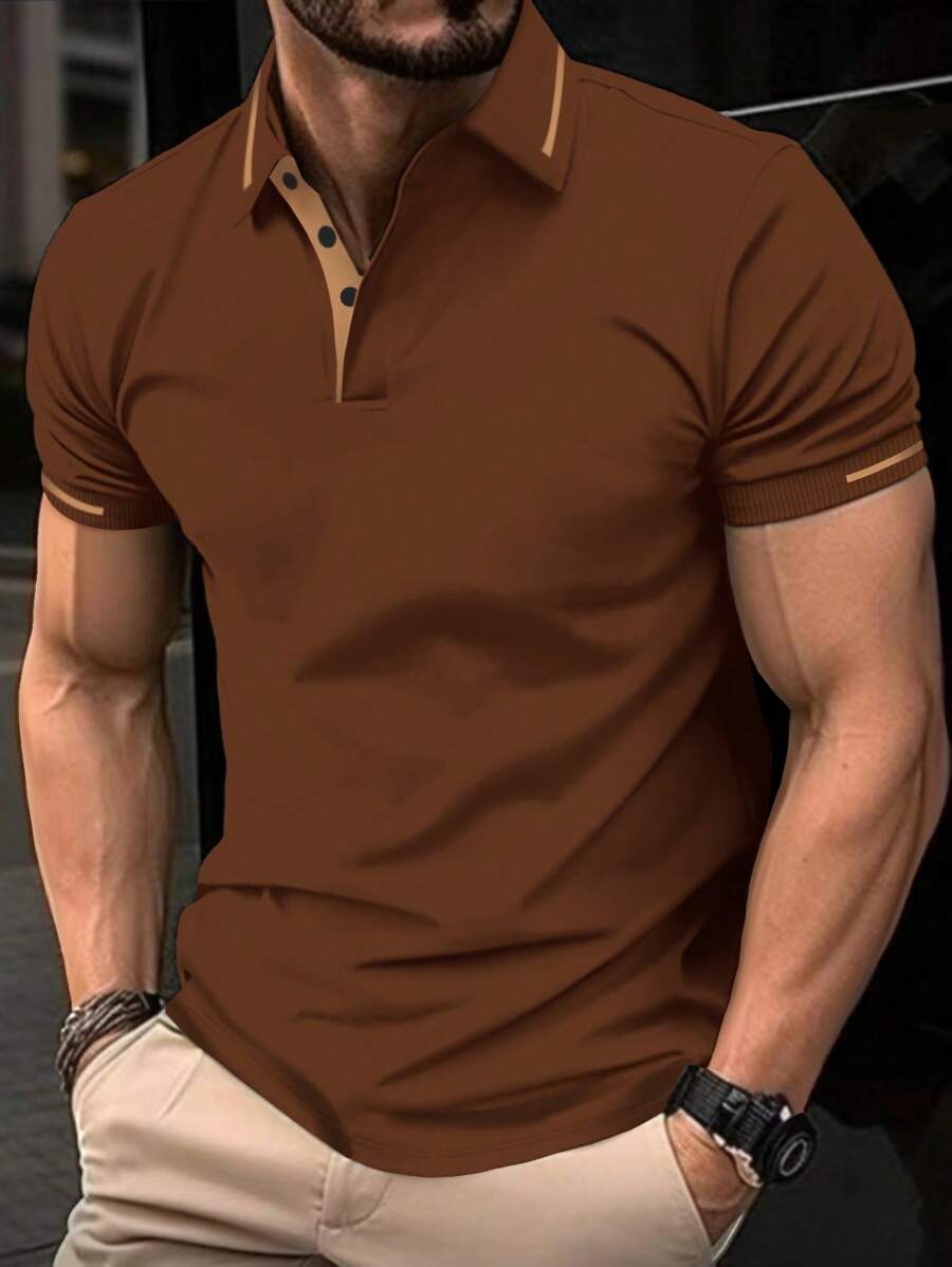 Manfinity Homme Men's Color Block Short Sleeve Polo Shirt, Brown Tops For Men, Men Golf Shirt ...