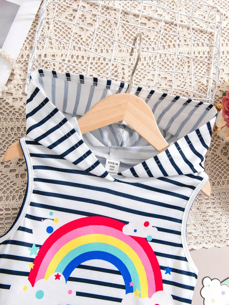 Tween Girls' Hooded Striped Rainbow Pattern Fashionable And Cute Tank ...
