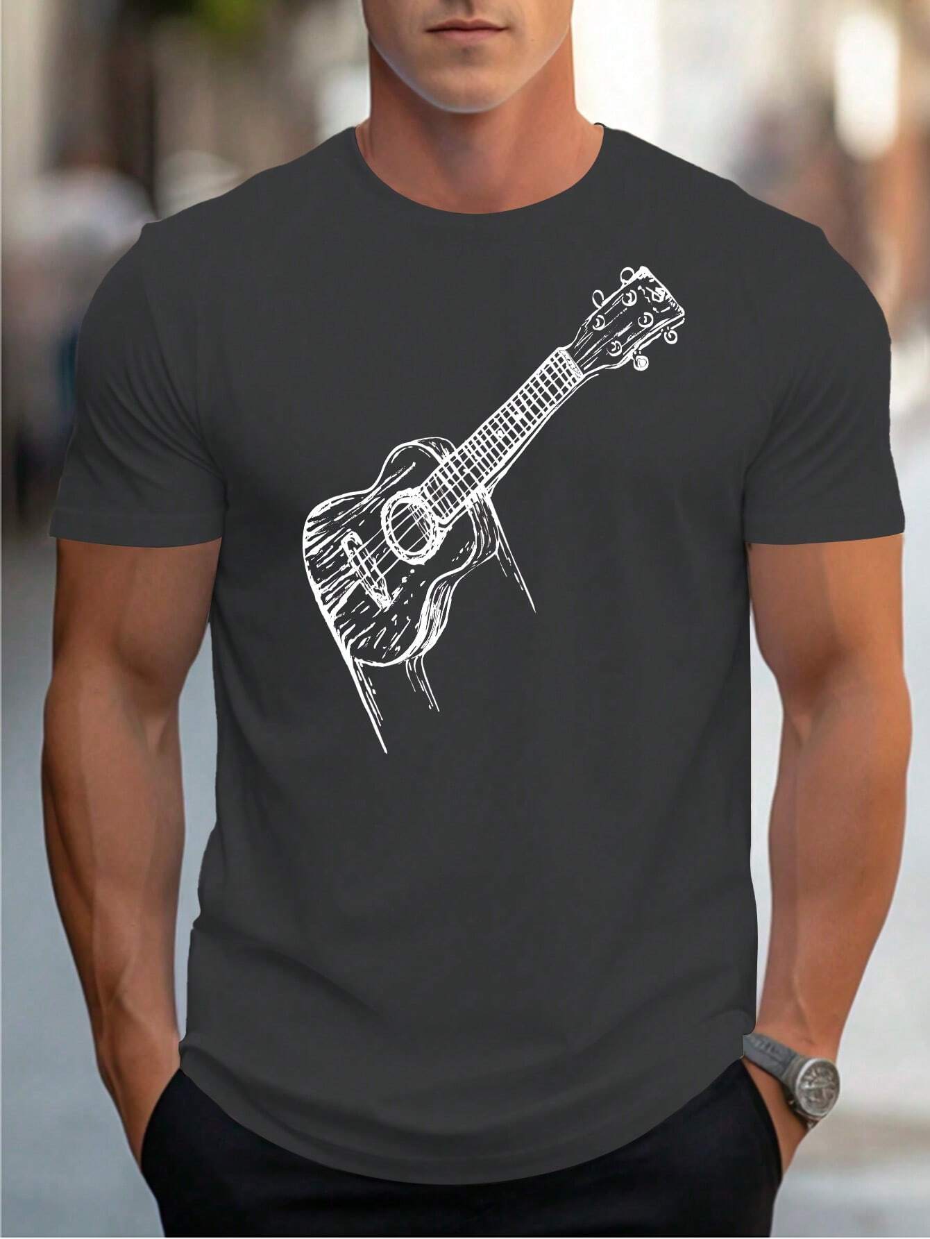 Men's Guitar Printed Round Neck Short Sleeve T-Shirt | SHEIN USA