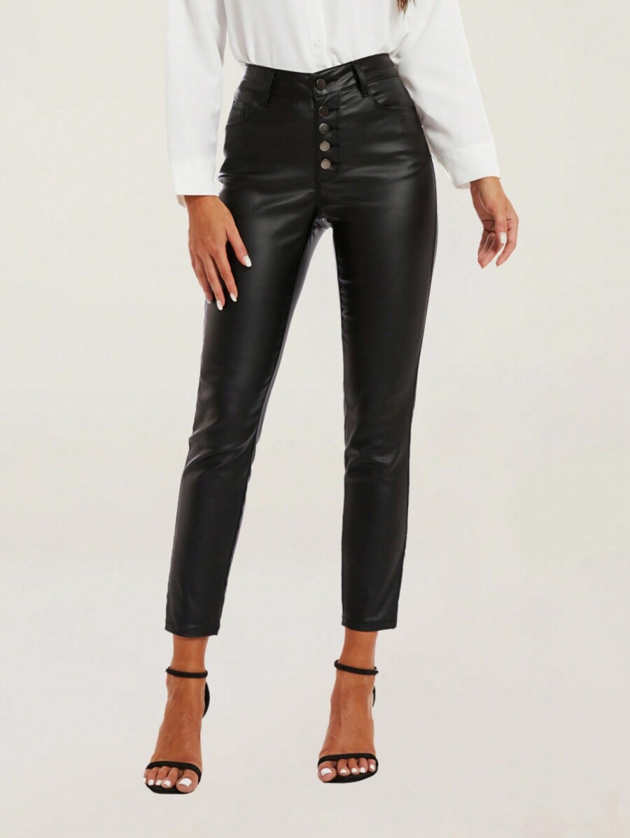 Solid Button Fly PU Faux Leather Pants | SHEIN USA