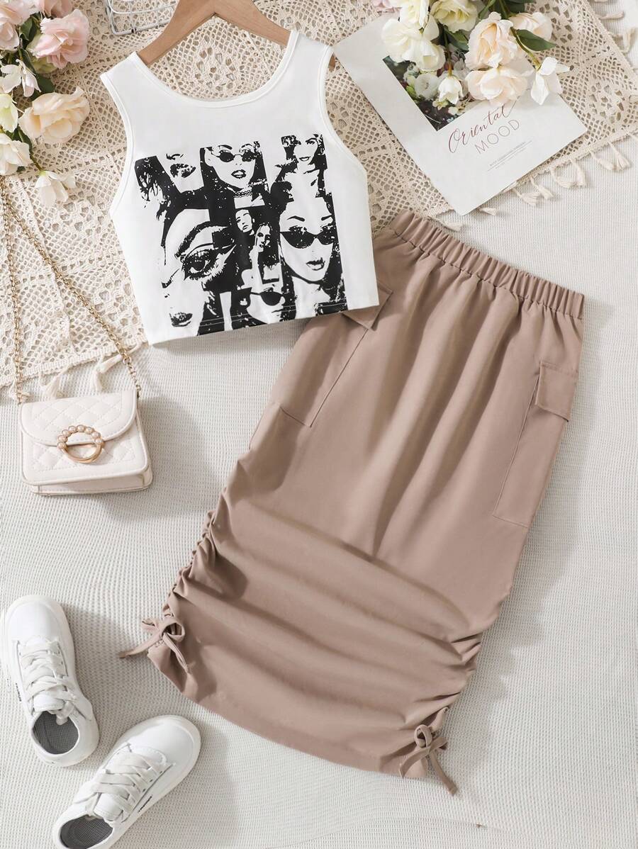 SHEIN Tween Girls' Street Style Portrait Print & Pleated Midi Skirt Two ...