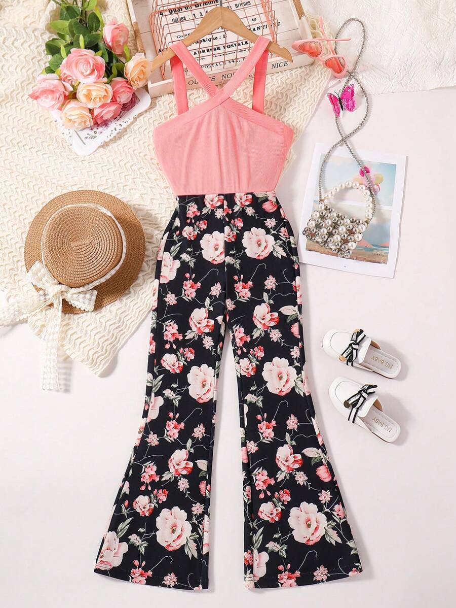 SHEIN Kids CHARMNG Floral Print Jumpsuit With Halter Neck And Flared Legs For Tween Girls | SHEIN UK