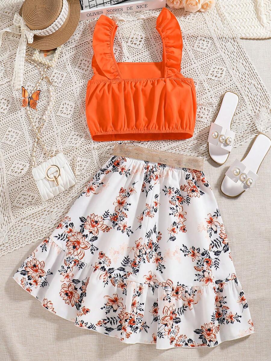 Teen Girls' Summer Set, Featuring Square Neckline Top With Lotus Leaf ...