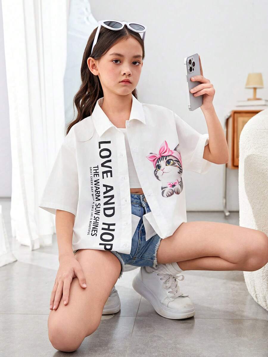 SHEIN Tween Girls' Fashionable Cat & Slogan Print Short Sleeve Loose Woven Shirt For Spring ...