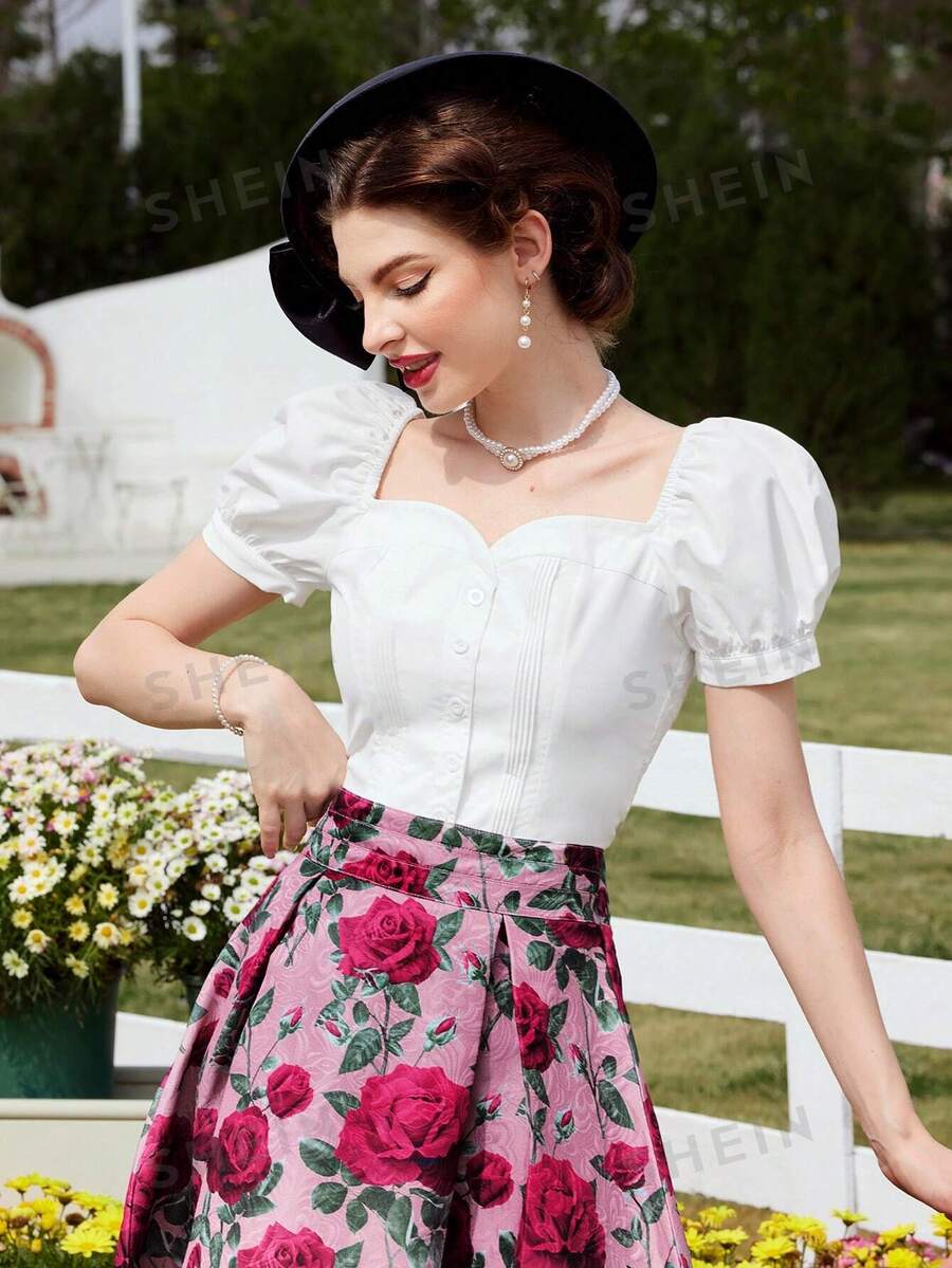 SHEIN DECDS Puff Sleeve Shirt With Sweetheart Neckline, Perfect For ...