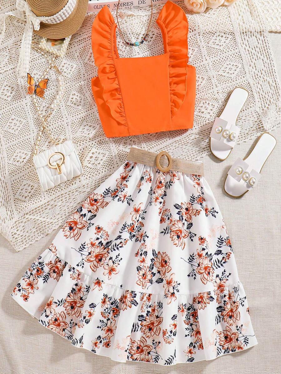 Teen Girls' Summer Set, Featuring Square Neckline Top With Lotus Leaf ...