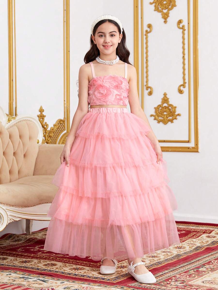 SHEIN Kids CHARMNG Tween Girl เดรสผ้าตาข่ายลายดอกไม้ 3 มิติสุดโรแมนติก ...
