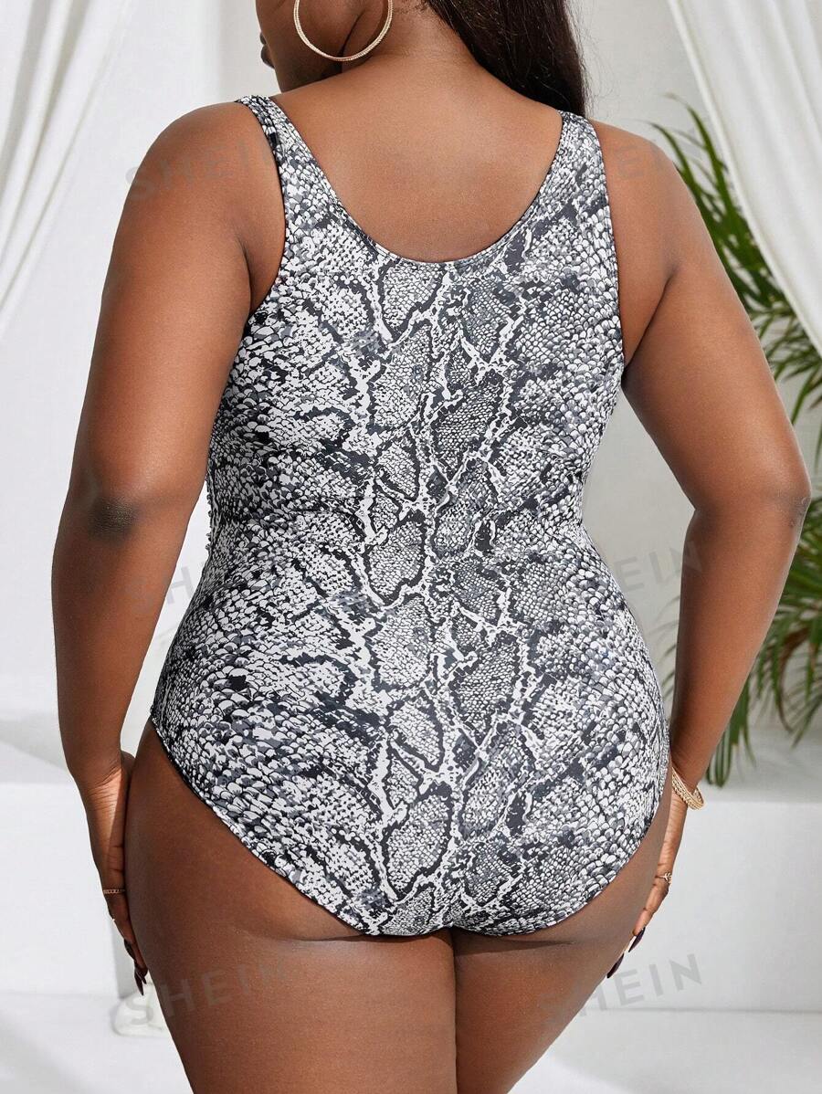 SHEIN Swim Curve Plus Size Women's One Shoulder Snake Print One-Piece Swimsuit, Beach Outfit ...