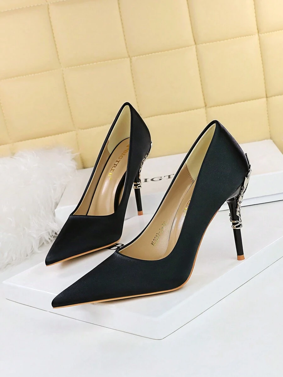 Metal Decor Point Toe Stiletto Heeled Court Pumps, Black Elegant ...