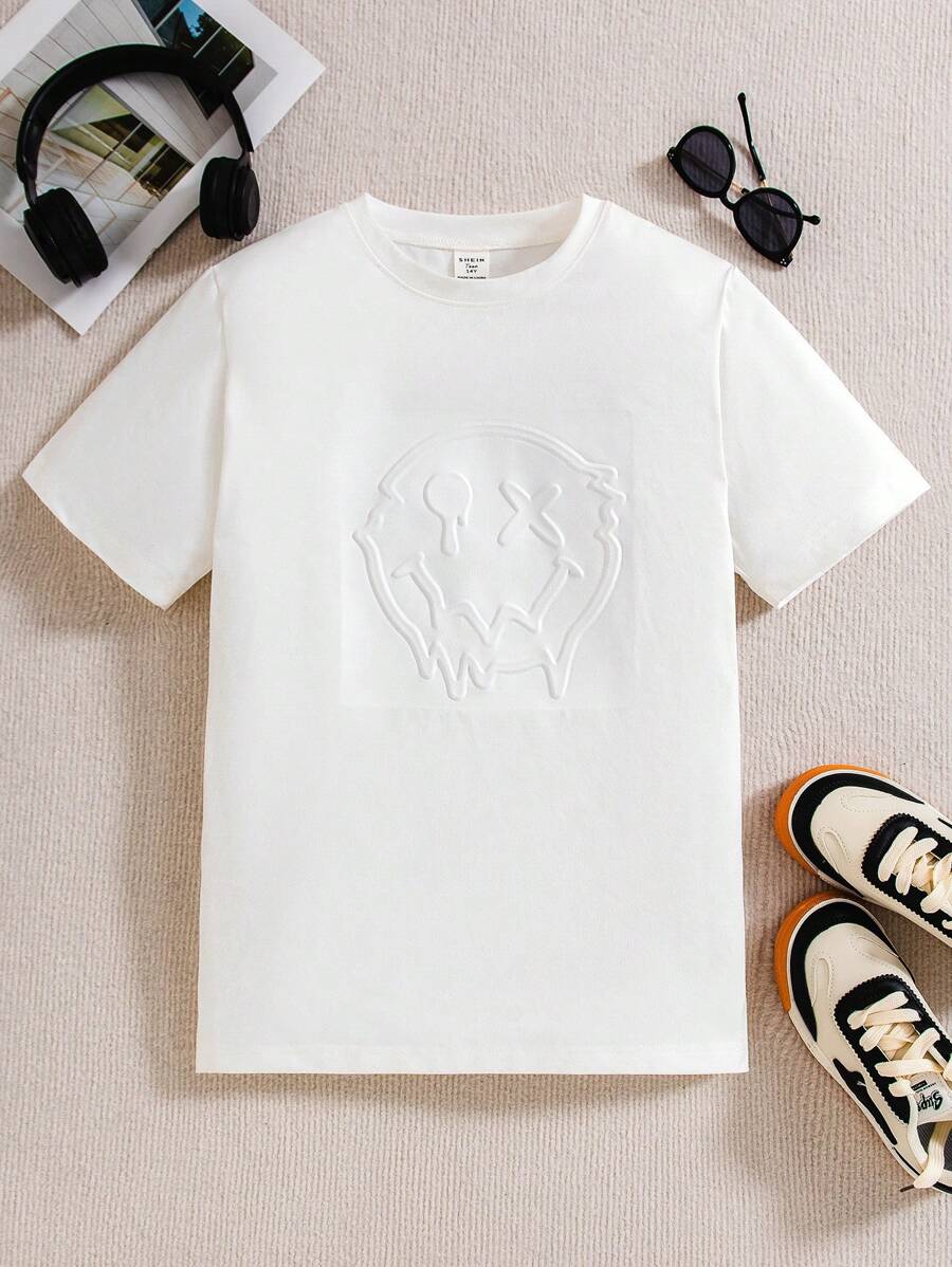 Teen Boy Cartoon Emoji Pattern Embossed Tee | SHEIN USA
