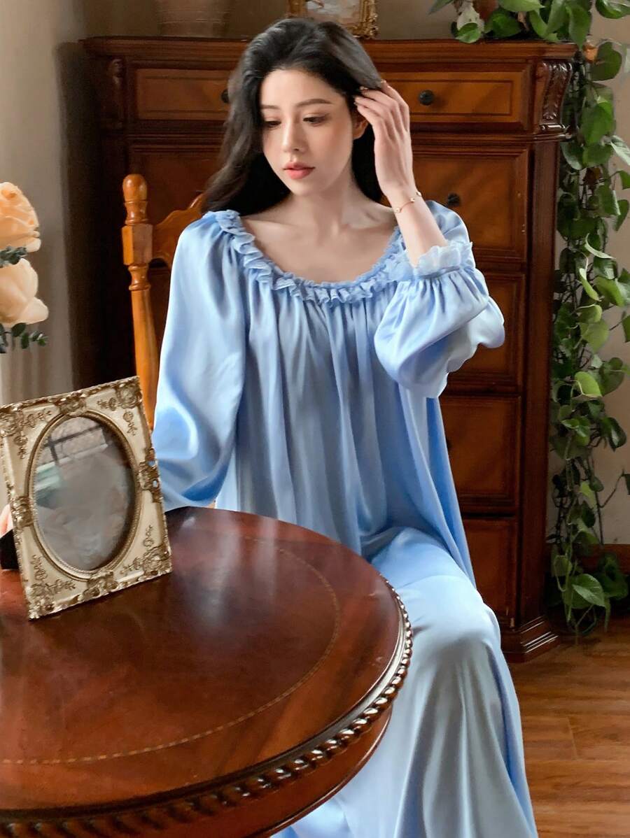 DAZY Women's Princess Style Satin Nightgown With Lace Trimmed Round ...