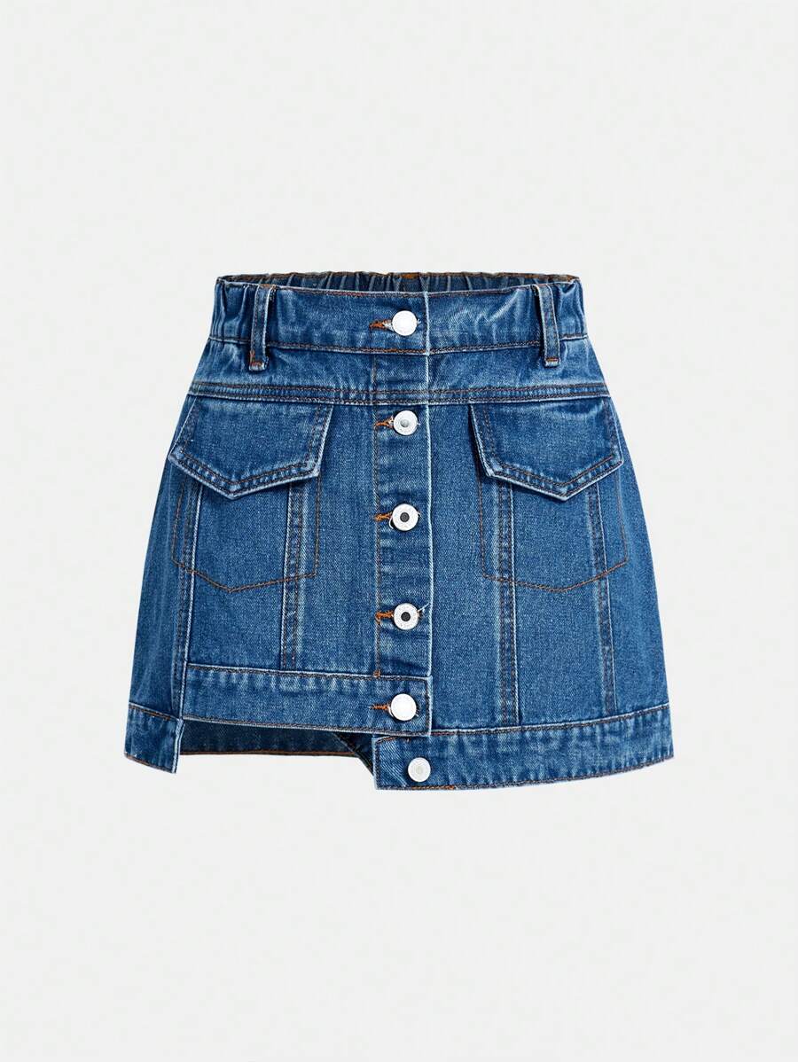 Teenage Girl's Front-Button Denim Skort With Asymmetrical Hem | SHEIN USA
