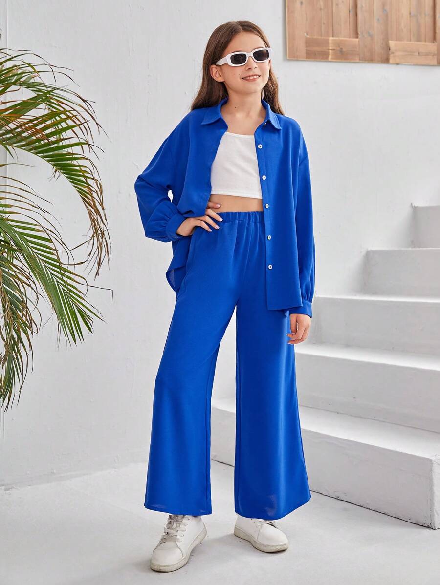 SHEIN Tween Girls' Woven Solid Color Loose Casual Shirt & Knit Solid ...