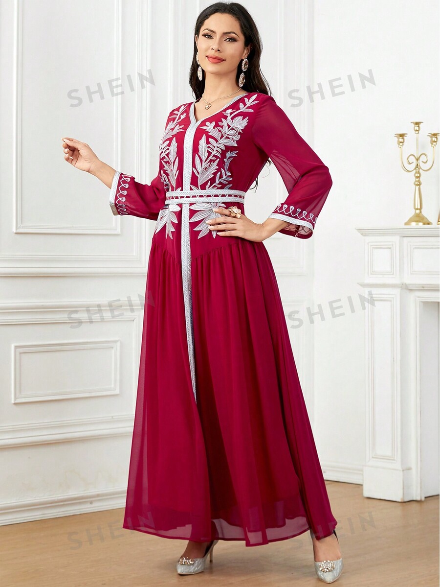 Style Chiffon & Embroidered Fabric Belt Design Women's Arabic Dress ...