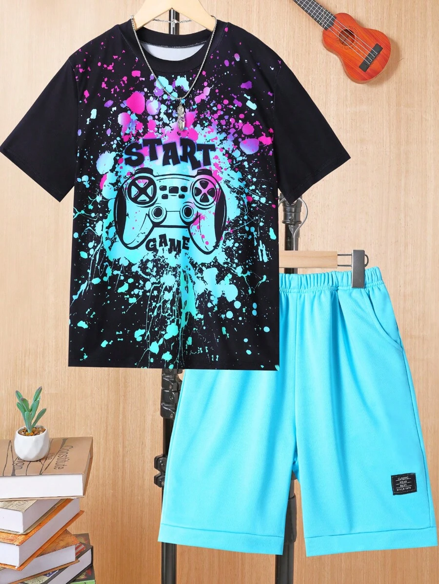 SHEIN Tween Boys' Ink Splash Printed Short Sleeve T-Shirt And Shorts ...