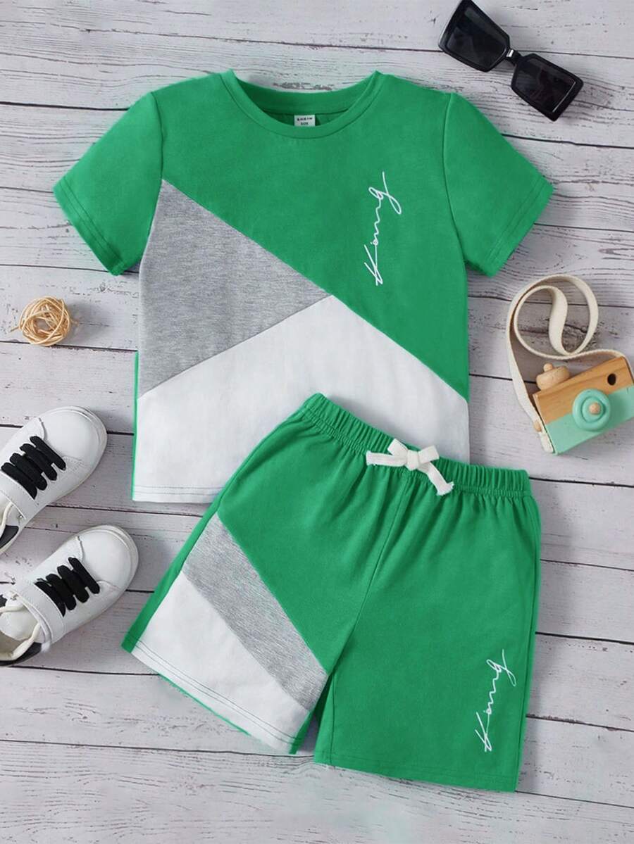 SHEIN Young Boys' Casual Comfortable Two Tone Set With Letter Print ...