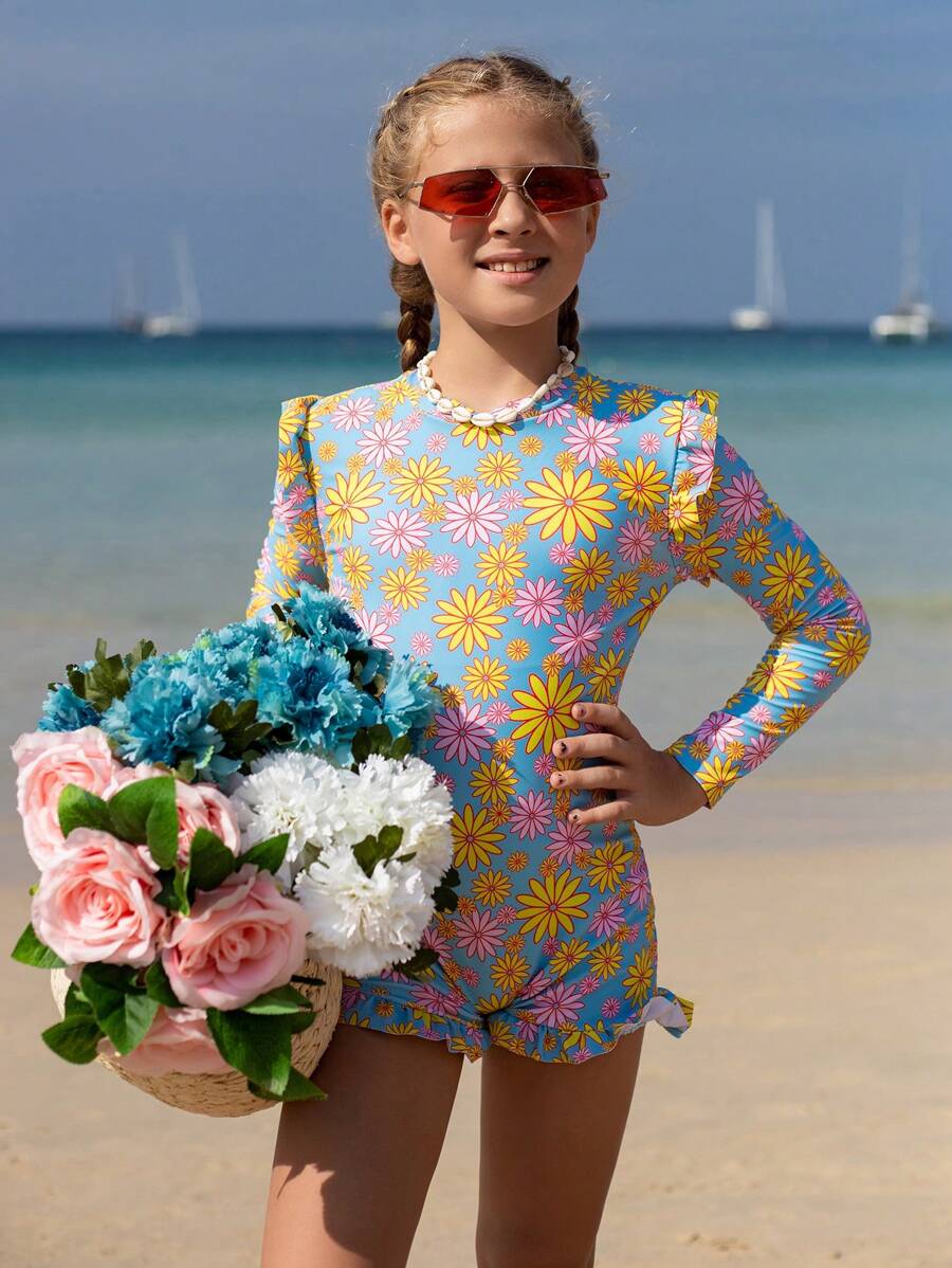 Tween Girls Flower Print Ruffle Trimmed One Piece Swimsuit With
