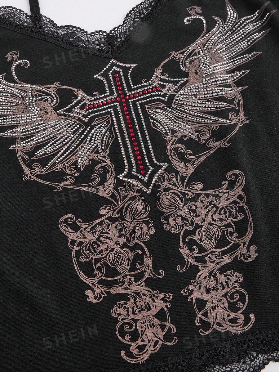 ROMWE Goth Women's Cross Rhinestone Studded Lace Patchwork Camisole ...