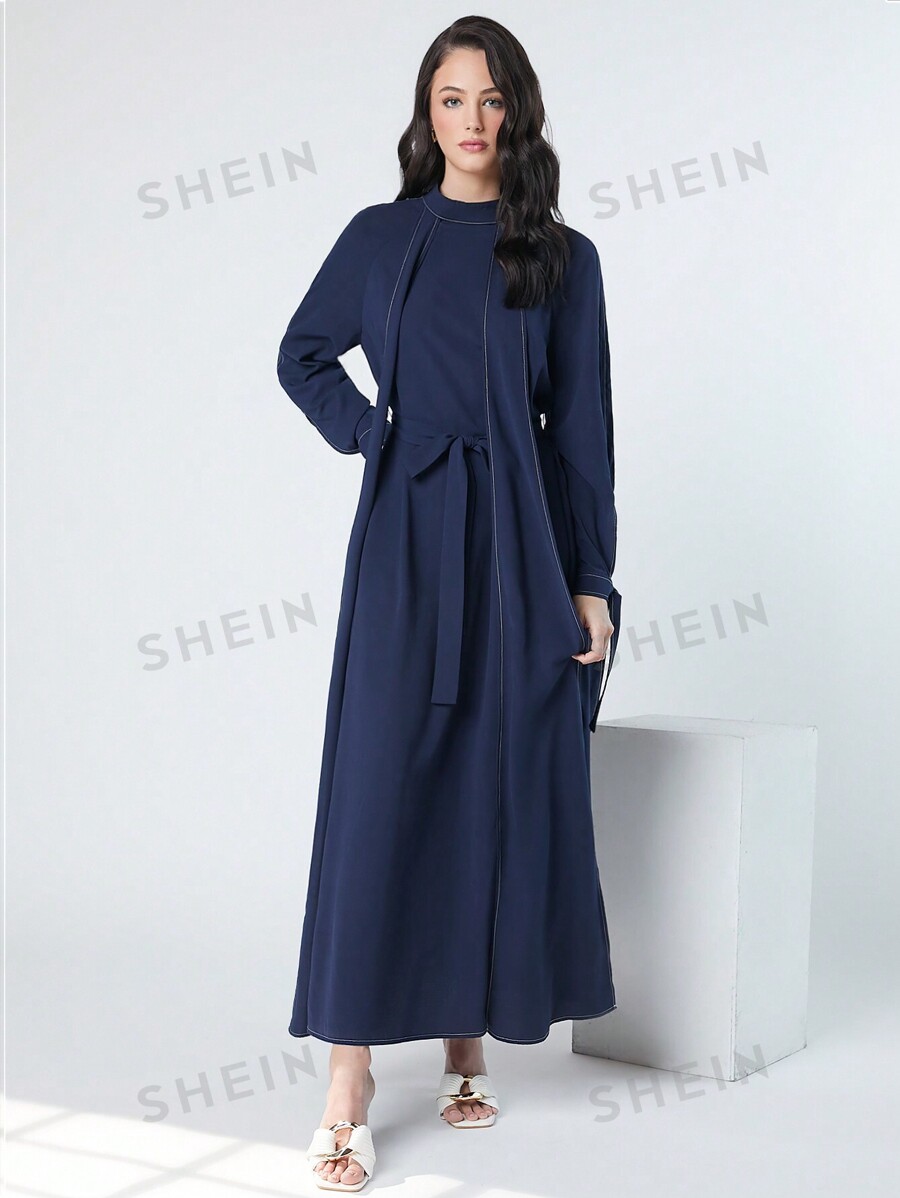Shein Mulvari Ladies Stand Collar Arabic Style Dress With Tied Waist