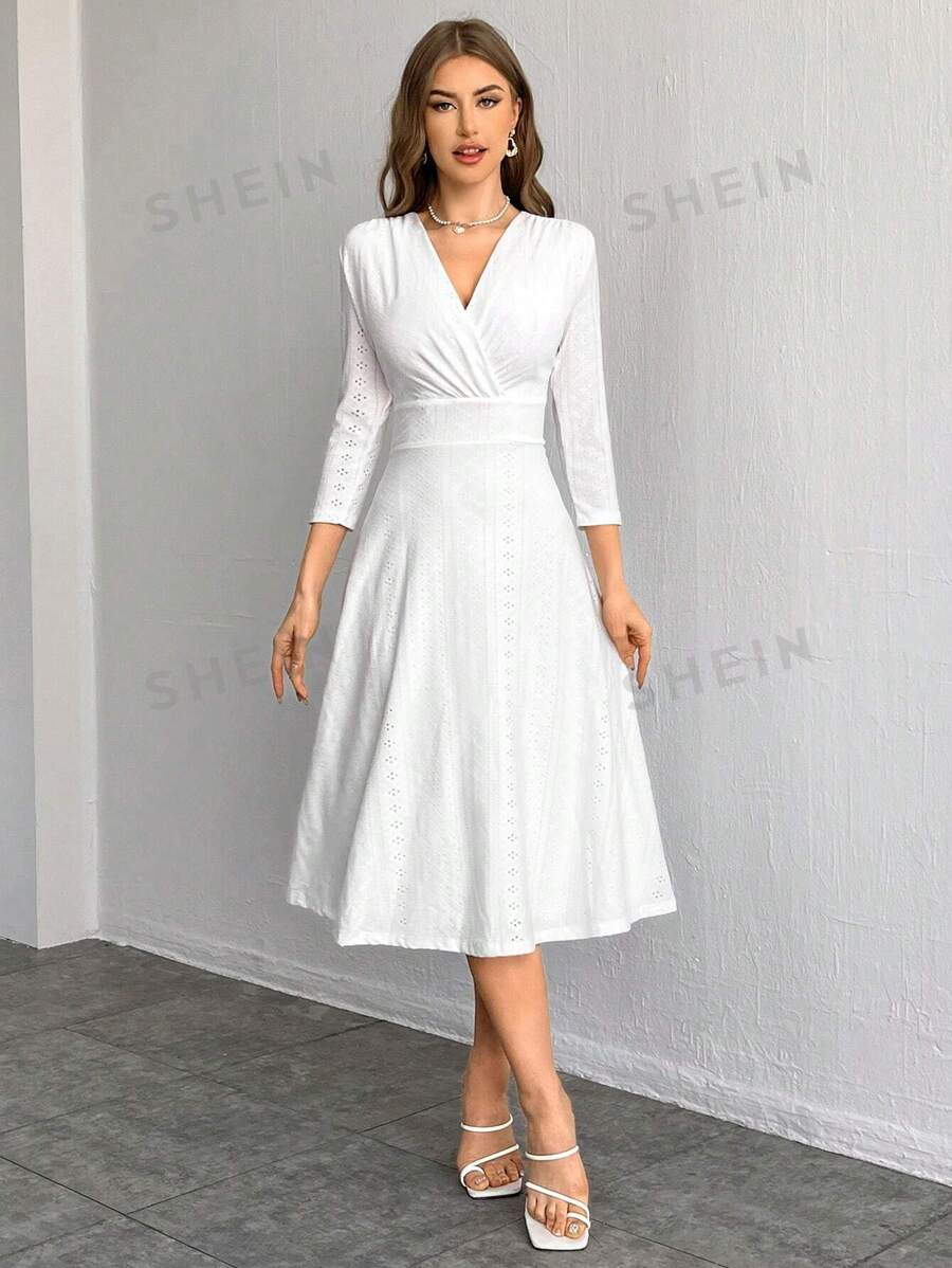 SHEIN Privé Solid Color V-Neck Textured Fabric A-Line Dress | SHEIN USA