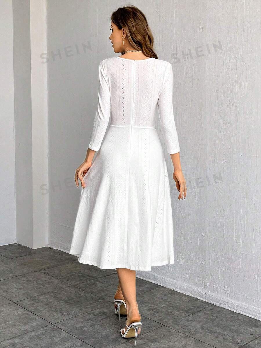 SHEIN Privé Solid Color V-Neck Textured Fabric A-Line Dress | SHEIN USA