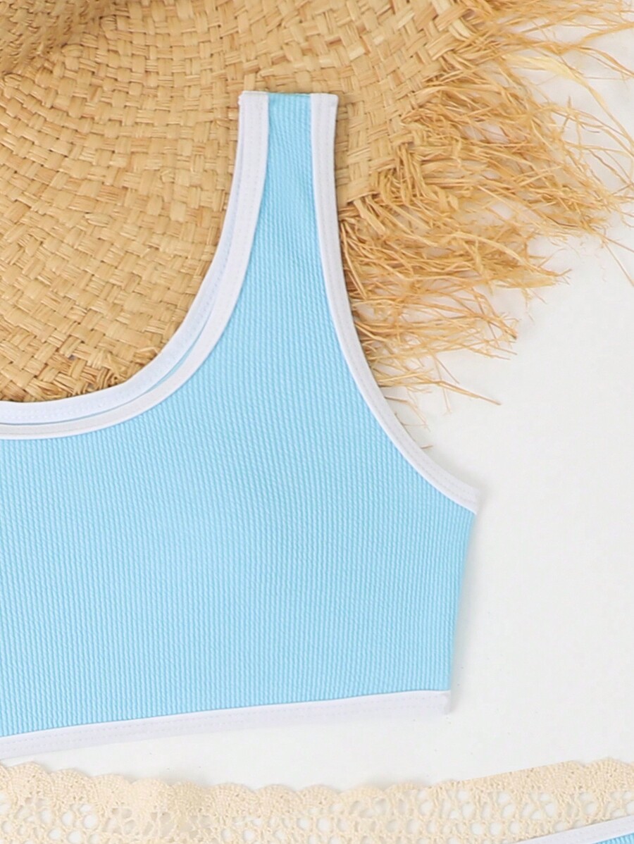 Three-Piece Swimwear Set For Tween Girls With Color Block Detailing And ...