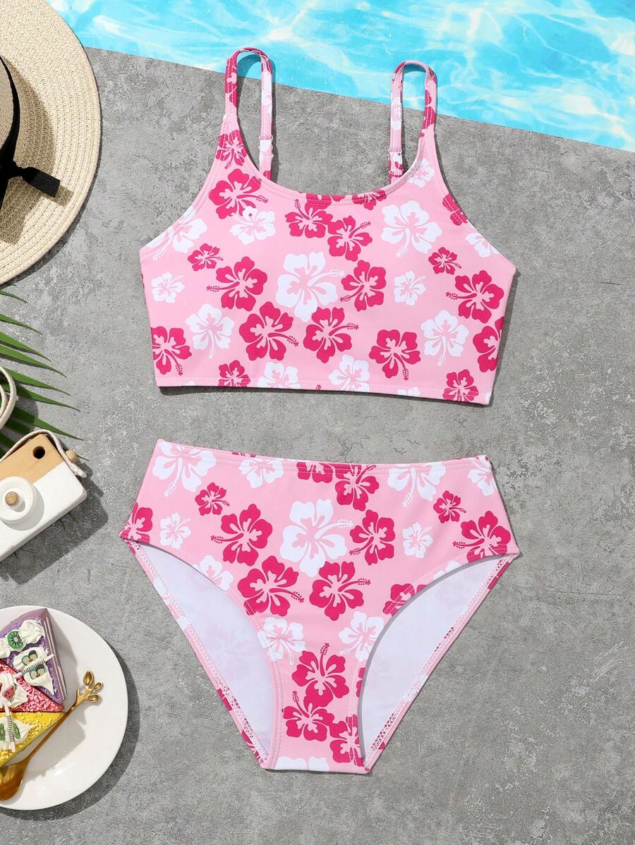 Tween Girl Floral Printed Bikini Set With Shoulder Straps Summer Beach ...