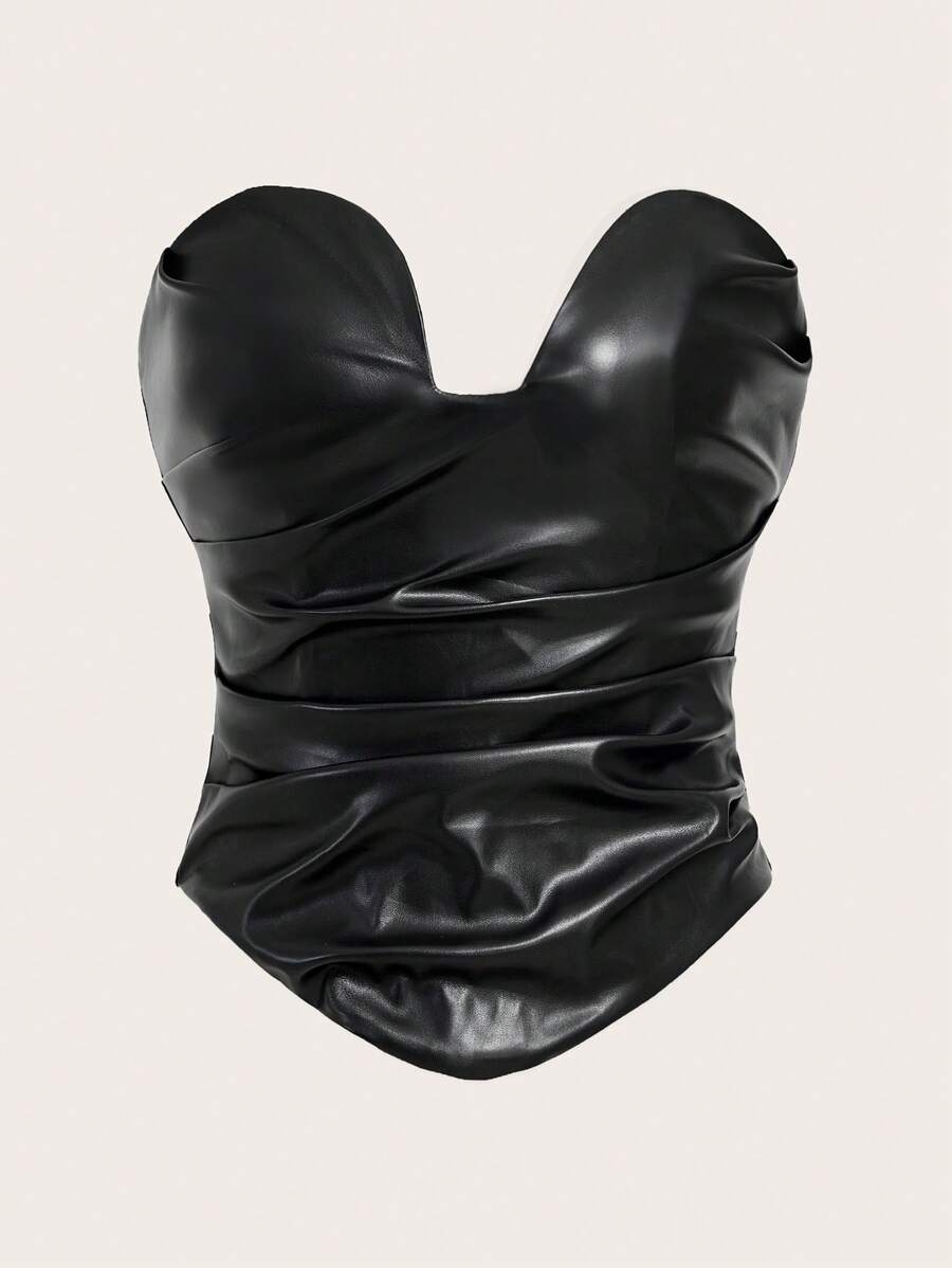 SHEIN ICON Plus Size Women's Asymmetrical Hem Ruched Pu Strapless Top ...