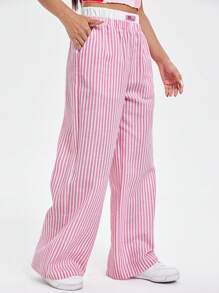 SHEIN MOD Women's Elastic Waist Striped Color Block Wide Leg Pants ...