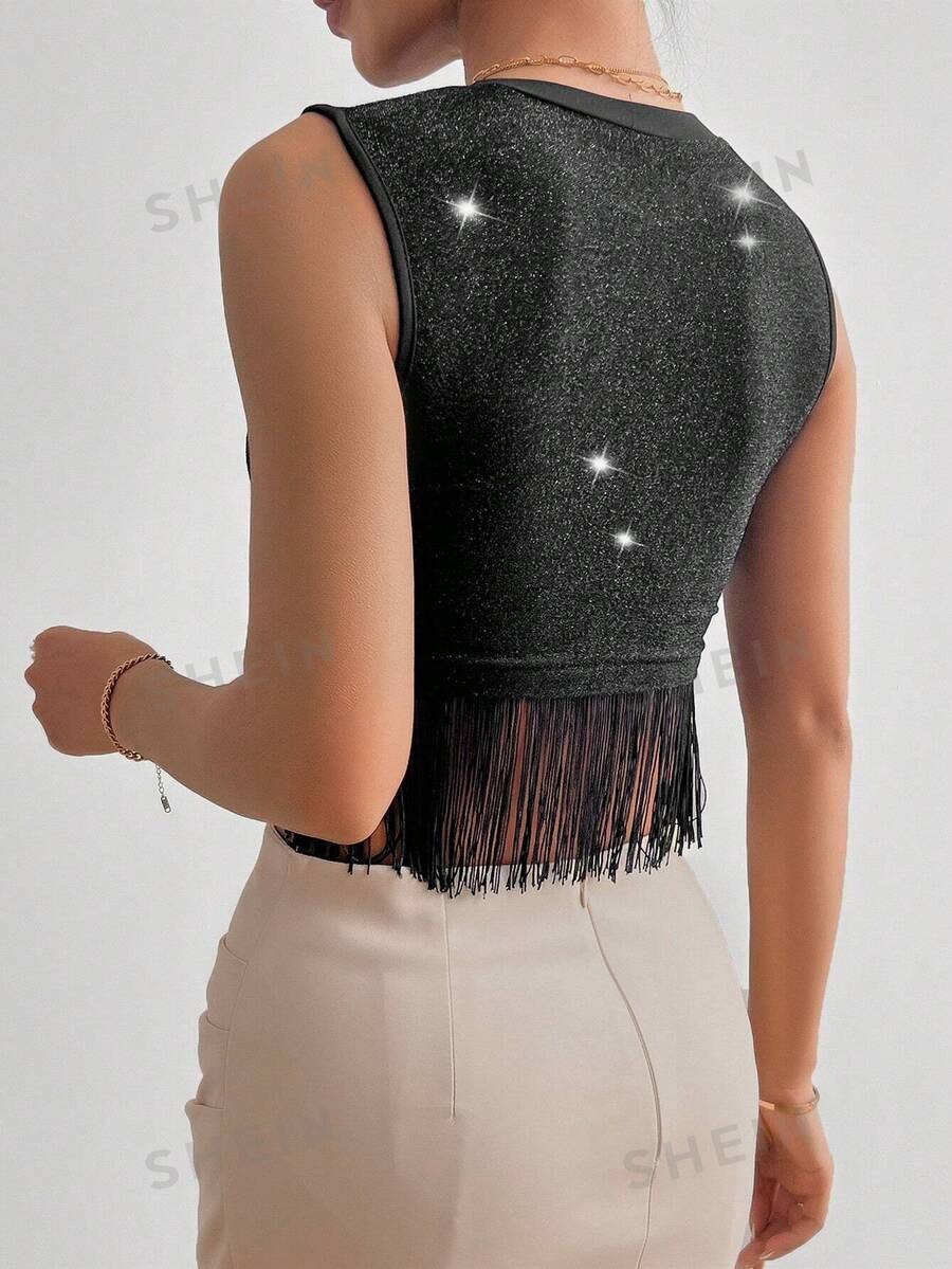 SHEIN Privé Daily Elegant Holiday Date Party INS Music Festival Fringe Hem Crop Tank Top | SHEIN UK