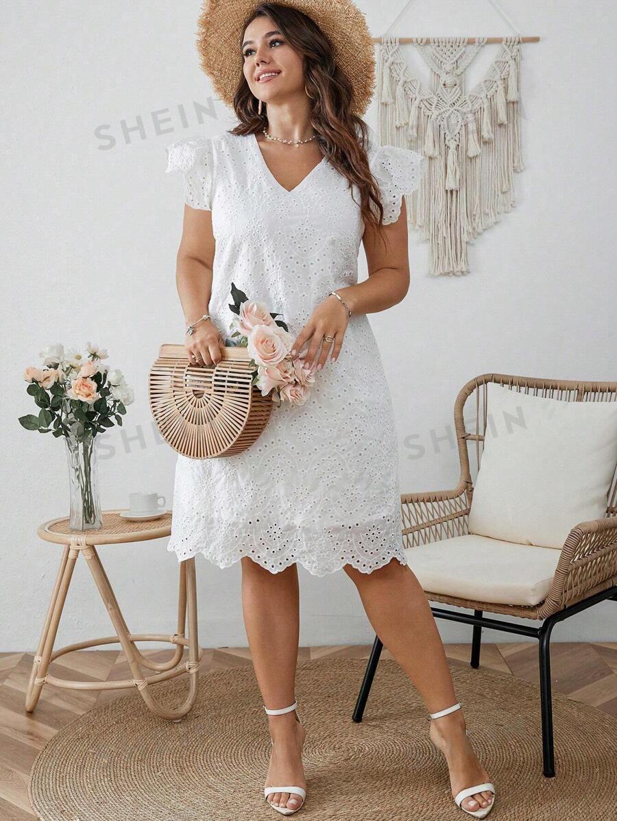 Shein Vcay Plus Eyelet Embroidery Scallop Trim Dress Shein Asia
