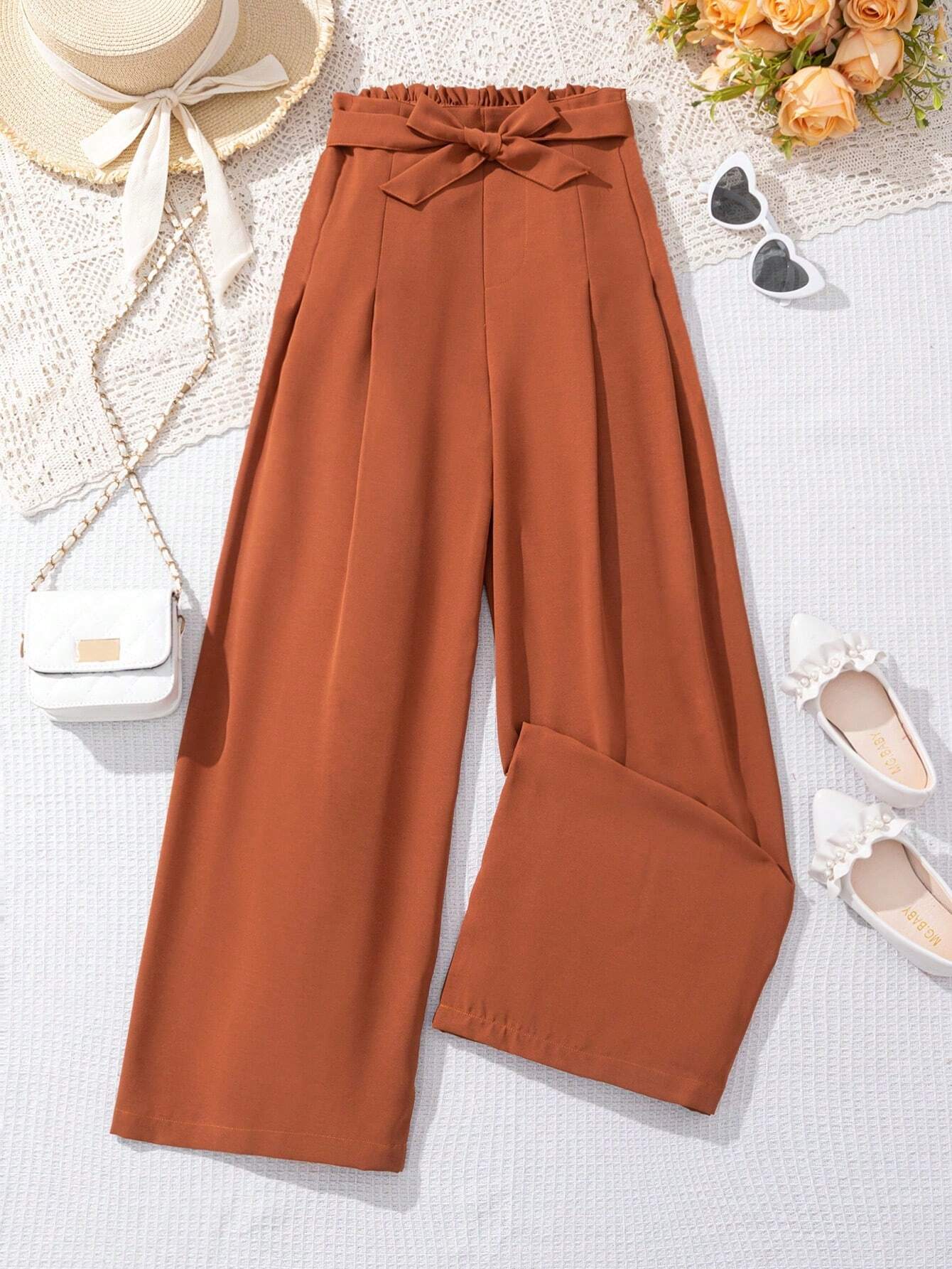 SHEIN Plain Color Pleated Wide-Leg Trousers For Tween Girls | SHEIN USA