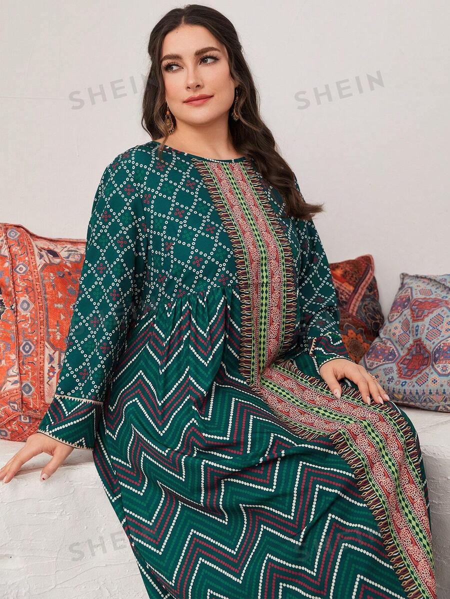 SHEIN Najma Robe arabe forme trapèze à motif géométrique pour femmes en ...