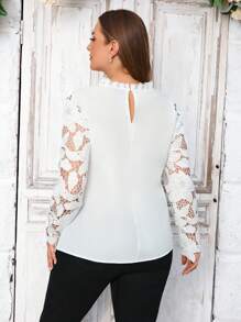 SHEIN Clasi Plus Size Lace Embroidery Patchwork Round Neck Shirt ...