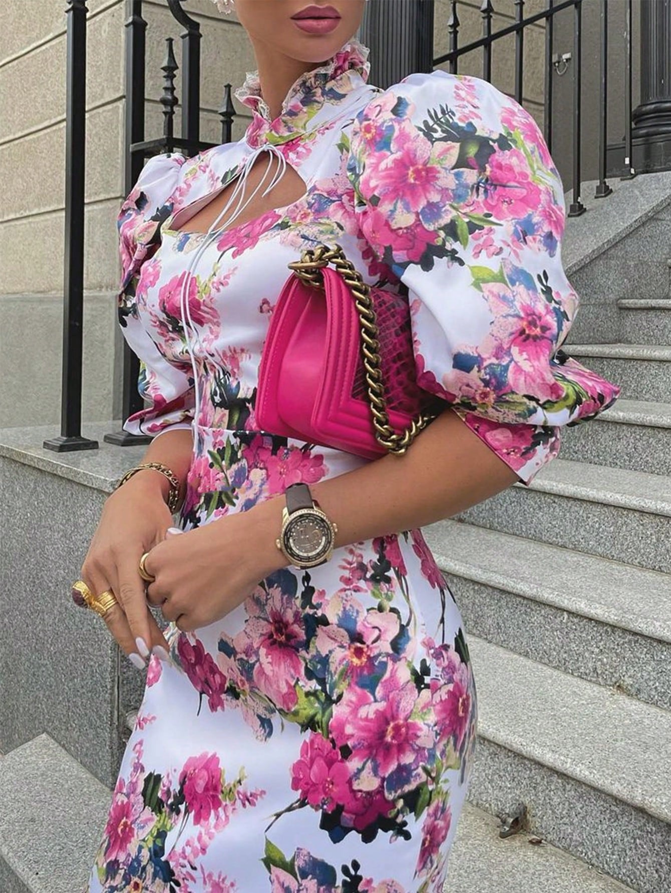 Floral Print Cut Out Front Puff Sleeve Dress Shein Euqs