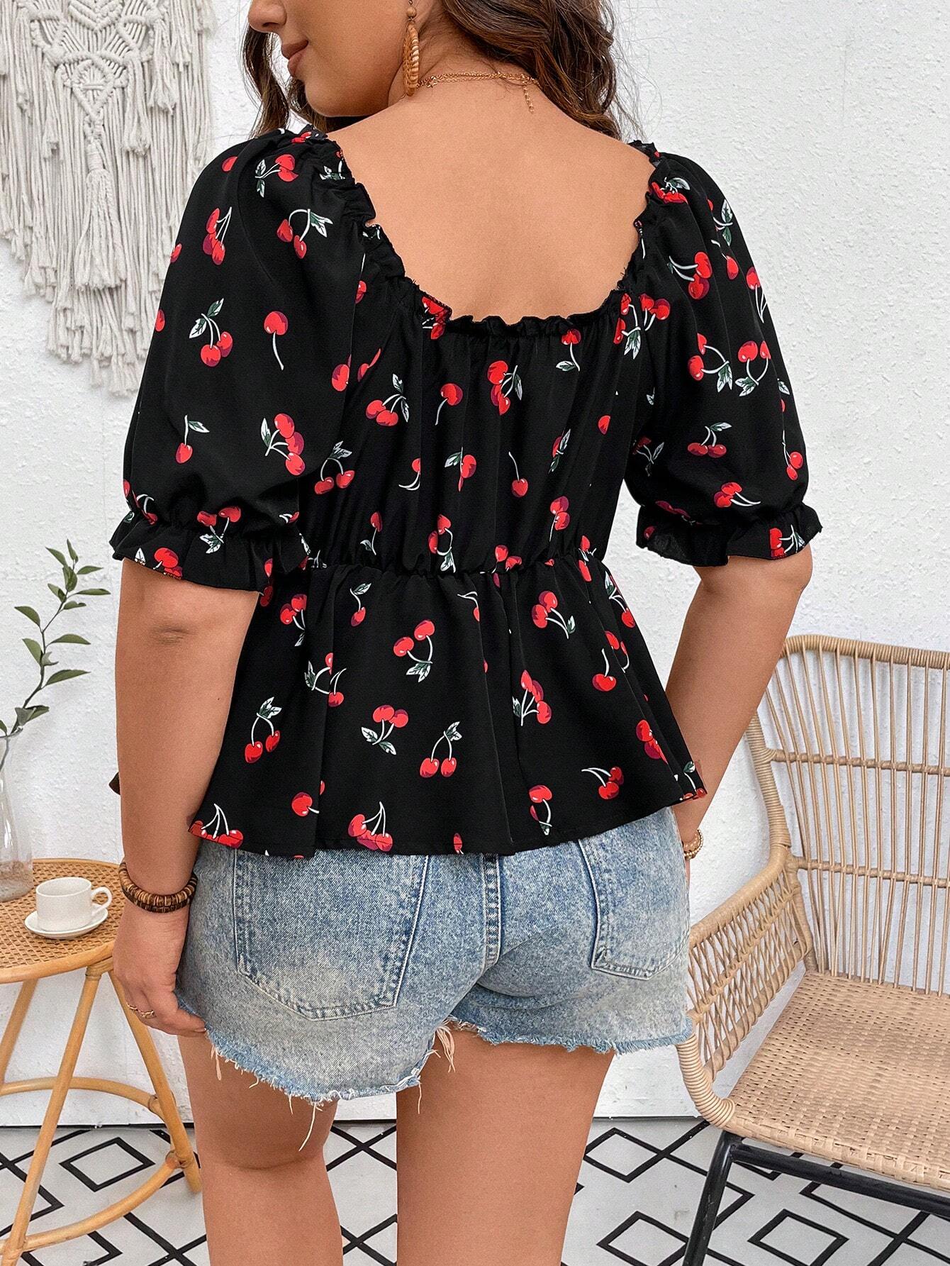 SHEIN Frenchy Plus Size Cherry Print Puff Sleeve Blouse | SHEIN USA