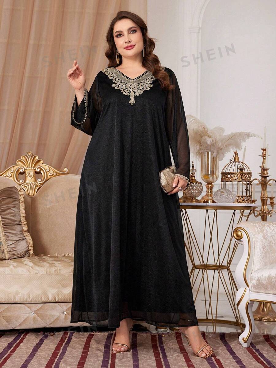 SHEIN Najma Plus Size Women's Mesh Long Sleeve Arabic Robe Clothing ...