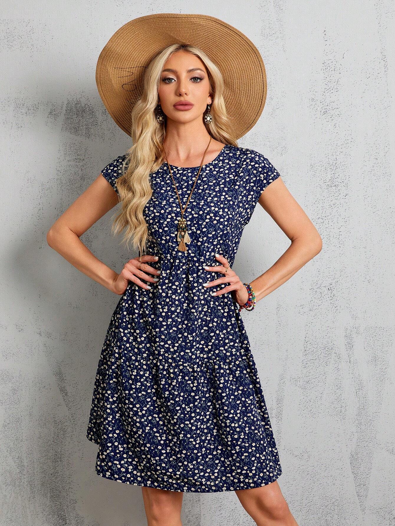 EMERY ROSE Women's Summer Blue Short-Sleeve Batwing Sleeve Floral Midi ...