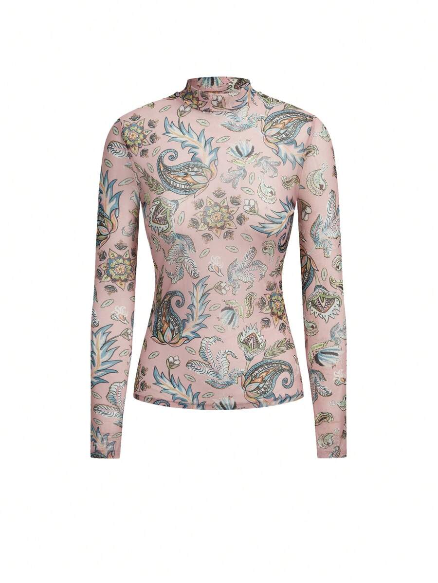 thaonca Women's Stand Collar Long Sleeve Top With All-Over Printing ...