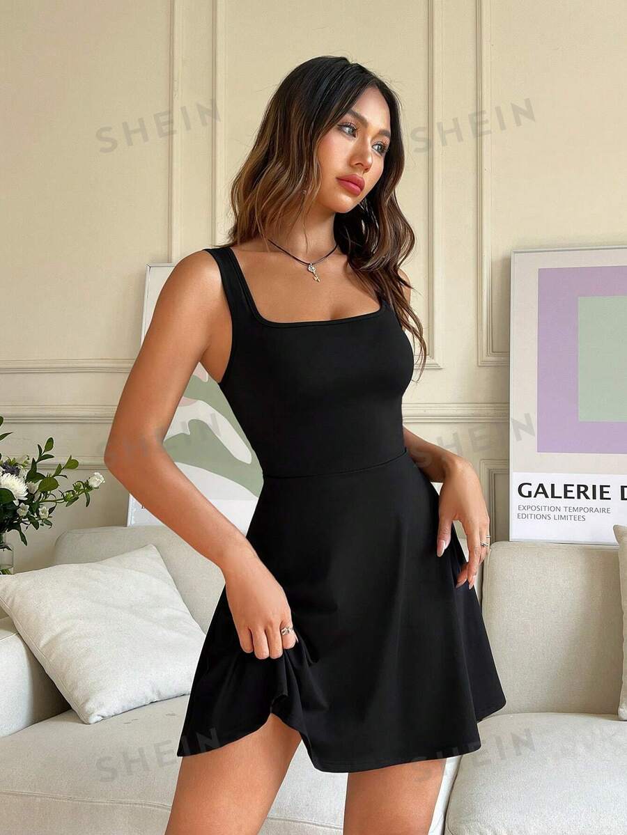 SHEIN EZwear Solid Color A-Line Square Neck Sleeveless Dress | SHEIN UK