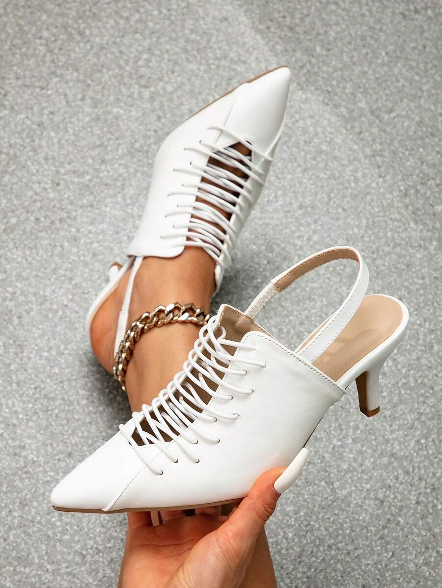 Women's Pointed Toe Lace-Up High Heel Mule Sandals, Hollow-Out One ...