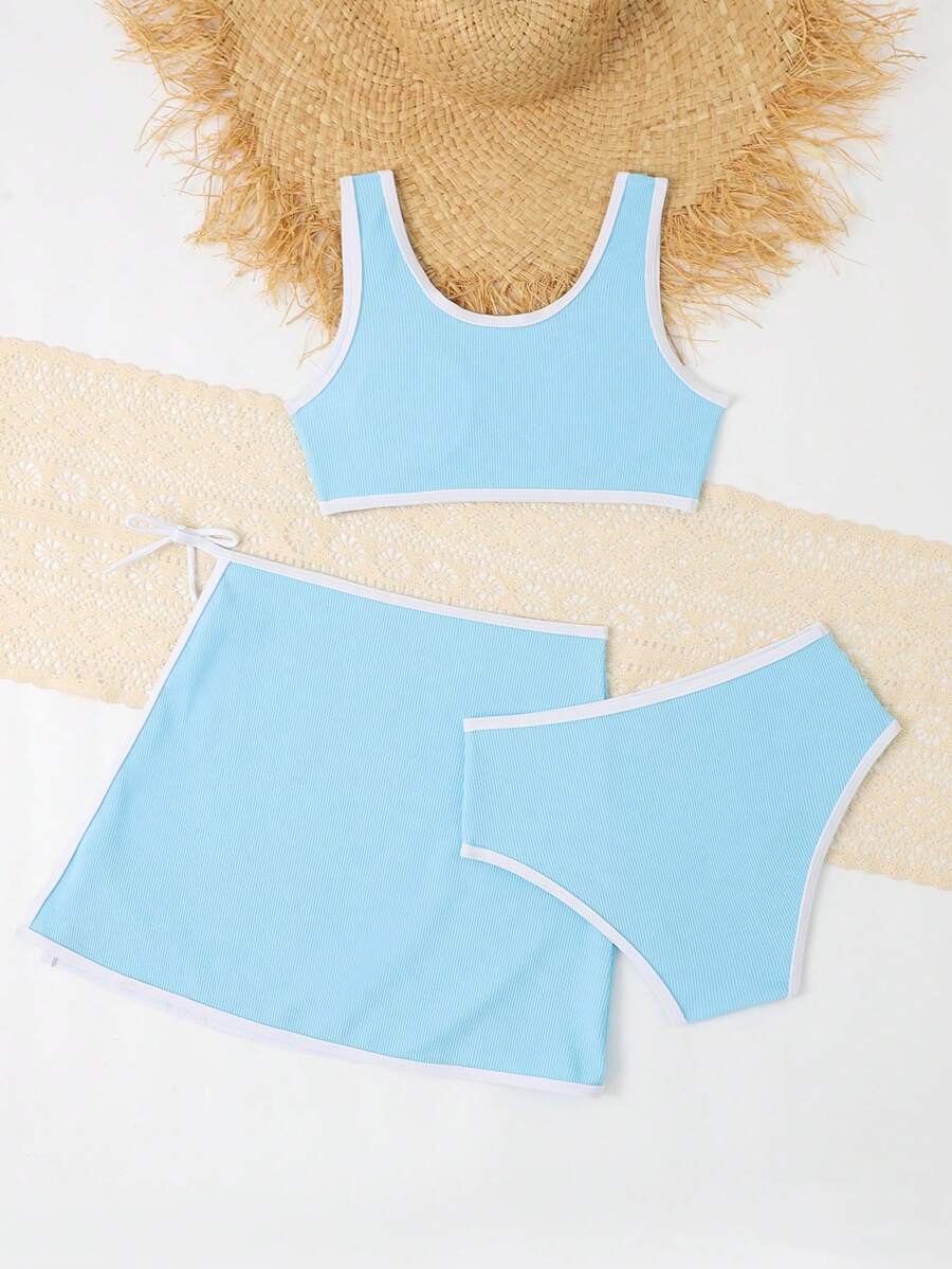 Three-Piece Swimwear Set For Tween Girls With Color Block Detailing And ...
