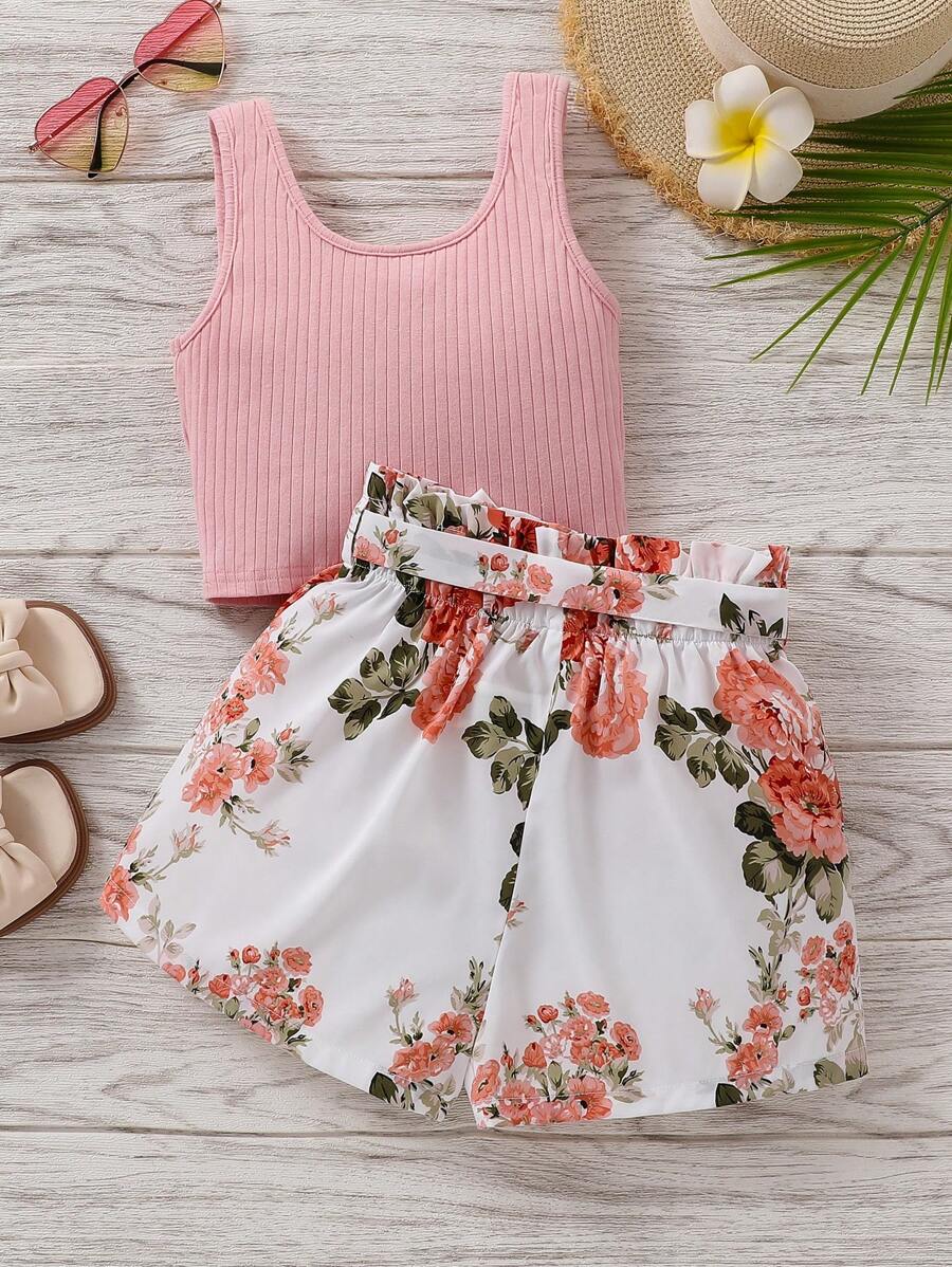 SHEIN Tween Girls' Casual Knitted Vest Top And Floral Shorts Set For ...