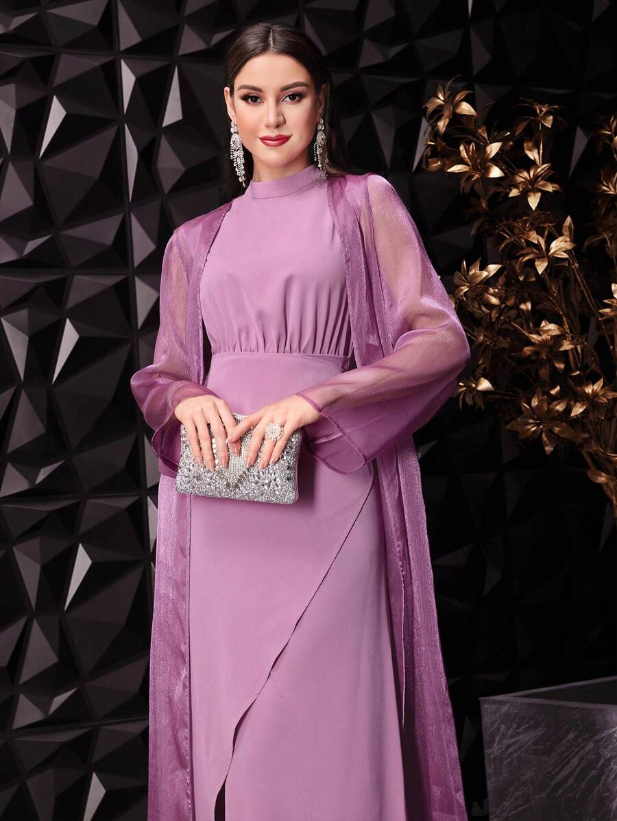 Modelyn Women's Solid Color Stand Collar Dress And Sheer Perspective Jacket Two-Piece Set 2 ...