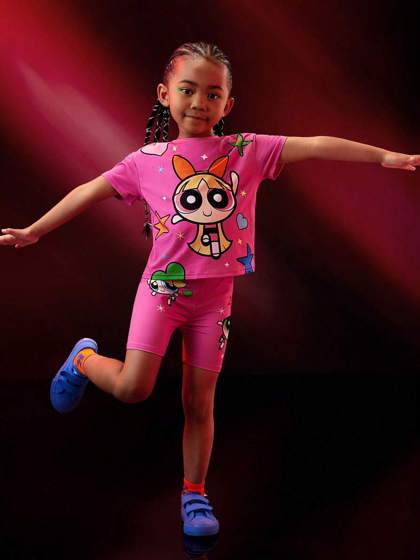 THE POWERPUFF GIRLS X SHEIN 少女 カートゥーンプリント 綿のtシャツ+ショートパンツ 日本サイズ | SHEIN JAPAN